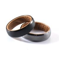 China Tungsten Ring 6mm Silver Black Plated Wedding Band Whiskey Barrel Wood Inside Beveled Edges Comfort Fit for sale