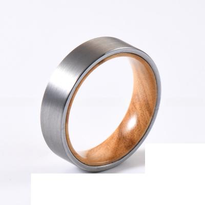 China 6mm Brushed Silver Tungsten Flat Edges with Olive Wood Inner Wedding Ring Comfort Fit for sale