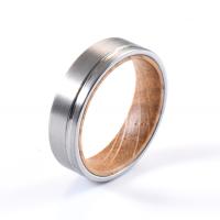 China Custom 6mm Flat Offset Grooved Tungsten Ring with Whiskey Barrel Wood Inlay for Men Women for sale