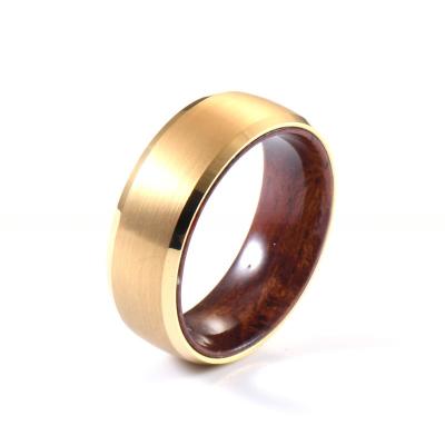 China 8mm 18K Gold Plated Tungsten Carbide Ring Wood Wedding Band with Rosewood Inner Beveled Edge Comfort Fit for sale