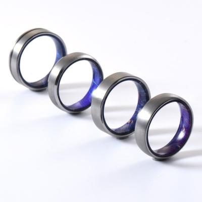 China 6mm Brushed Silver Tungsten Carbide Ring Inlay Blue Purple Box Elder Wood Flat Dome Beveled Edge Wedding Band for sale