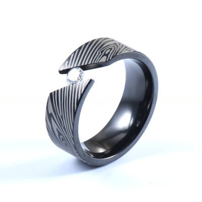 China Men's Titanium Ring with Laser Damascus Steel Wood Grain Pattern and Cubic Zirconia Inlay - US Sizes 8-13 for sale