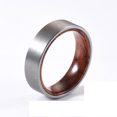China 6mm Brushed Silver Tungsten Ring with Rose Wood Inner Flat Edges Wedding Engagement Gift for sale