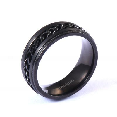 China 8mm Gear Step Edge Black Titanium Ring with Stainless Steel Chain Braided Inlay - Industrial Style Jewelry for sale