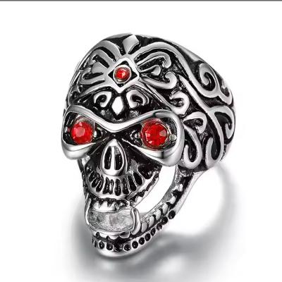 China Vintage Flower Carved Stainless Steel Men's Ring with Red Crystal Eye - Halloween Party Accessory in Multiple Sizes for sale