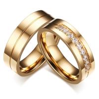China 6mm Stainless Steel Wedding Rings with CZ Stone Inlay Gold Plated Flat Edge Couples Bands for sale