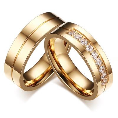 China 6mm Stainless Steel Wedding Rings with CZ Stone Inlay Gold Plated Flat Edge Couples Bands for sale