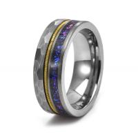 China 8mm Silver Tungsten Guitar String Ring with Blue Sandstone Inlay - Third Party Diamond Shape Appraisal Certified for sale