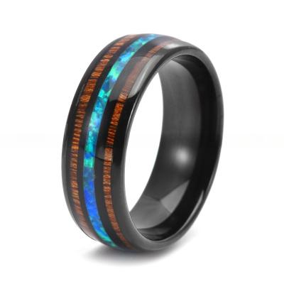 China 8mm Black Tungsten Ring with Wood and Blue Opal Inlay - Unisex Wedding Band 15-25 Day Production for sale