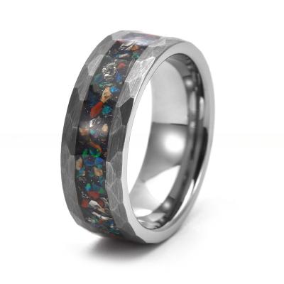 China 8mm Dinosaur Bone Meteorite Inlay Tungsten Carbide Ring with Silver Hammered Finish - Third Party Appraisal Certified for sale