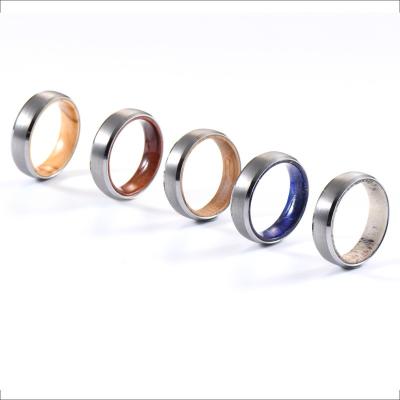 China 6mm Tungsten Wedding Band with Inlaid Wood or Antler Brushed Beveled Edges Silver Ring for sale