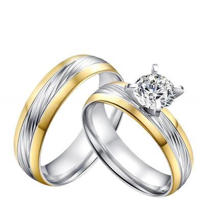 China Stainless Steel Wedding Band Set with Yellow Gold Filled Finish and Round CZ Stones for Couples - His and Hers Matching Rings for sale
