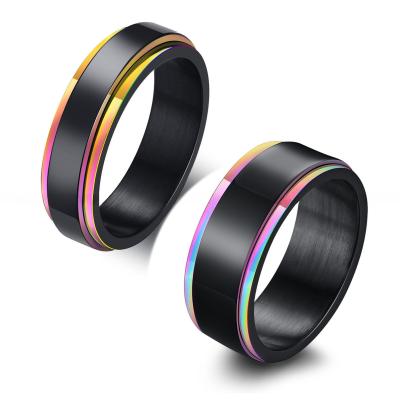 China Black Rainbow Stainless Steel Worry Stress Relieve Ring Band Set Channel Setting 6mm for sale