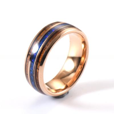 China Rose Gold Plated Tungsten Carbide Ring 8mm Koa Wood Blue Opal Inlay Unisex Wedding Band for sale