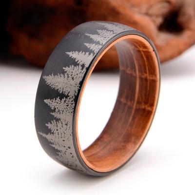 China 8mm Black Forest Mountain Men's Tungsten Wedding Band with Whiskey Barrel Wood Liner - Diamond Shape Comfort Fit for sale