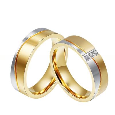 China 18K Gold Plated Geometric Wedding Rings Set with CZ Accents in Stainless Steel - His and Hers Matching Bands for sale