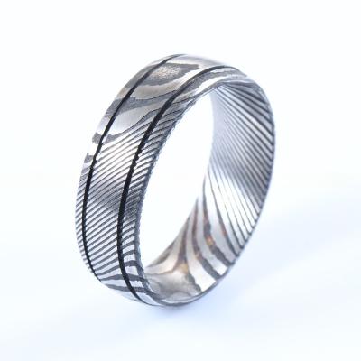 China 8mm Black Damascus Steel Ring with Double Groove Design - Men's Comfort Fit Wedding Band for sale