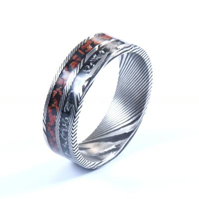 China 8mm Damascus Steel Men's Wedding Band with Meteorite and Dinosaur Bone Inlay - Round Flat Design for sale