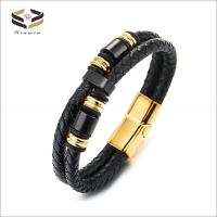 China Double Row Geometric Leather Bracelet with Black Gold Stainless Steel Ornaments - 5-10 Day Sample Delivery for sale