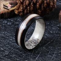 China 8mm Deer Antler Wedding Band with African Ebony Wood and Rose Gold Inlay - Natural Material Ring for sale