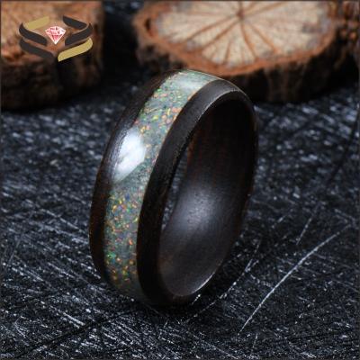 China 8mm Koa Wood Wedding Ring with White Fire Opal Inlay and Custom Logo - Invisible Setting Technology for sale