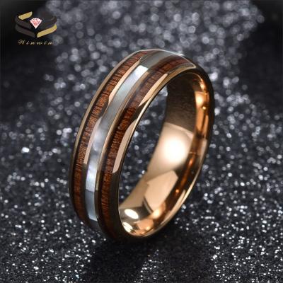 China 8mm Rose Gold Tungsten Men's Ring with Koa Wood and White Shell Inlay - Durable Jewelry for Men for sale