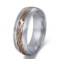 China Damascus Steel Ring 8mm Rose Gold Mokume Gane Inlay Unisex Wedding Band for sale