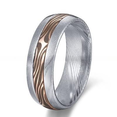 China Damascus Steel Ring 8mm Rose Gold Mokume Gane Inlay Unisex Wedding Band for sale