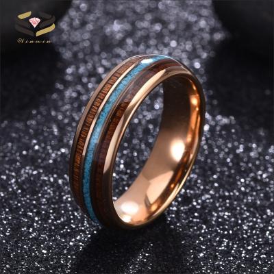 China 8mm Dome Polished Rose Gold Tungsten Ring with Turquoise Wood Inlay - Third Party Certified Wedding Band for sale