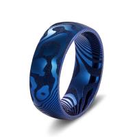 China 8mm Blue Damascus Steel Mens Wedding Ring Domed Wood Grain Bold Hand Band for sale