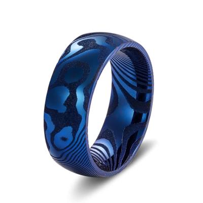 China 8mm Blue Damascus Steel Mens Wedding Ring Domed Wood Grain Bold Hand Band for sale