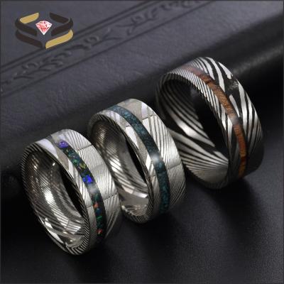 China Custom Damascus Steel Men's Ring with Galaxy Opal & Turquoise Wood Inlay - 5-25 Day Production for sale