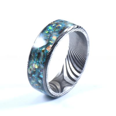 China 8mm Damascus Steel Men's Wedding Band with Colorful Opal and Shell Inlay - Durable 8mm Width Ring for sale