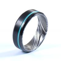 China Black Tungsten Damascus Steel Men's Wedding Ring 8mm with Turquoise Grooved Line Comfort Fit Band for sale