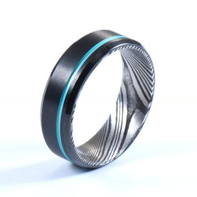 China Black Tungsten Damascus Steel Men's Wedding Ring 8mm with Turquoise Grooved Line Comfort Fit Band for sale