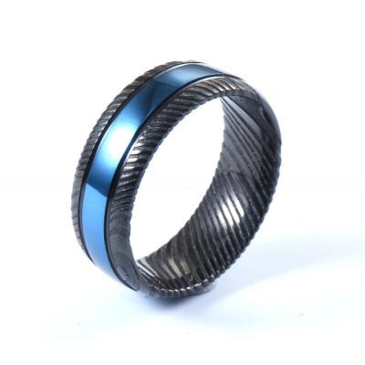 China 8mm Black Blue Damascus Steel Ring Double Black Grooved Wedding Band Custom Logo for sale