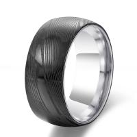China 8mm Dome Black Damascus Steel Wedding Band Ring Inlaid Silver Tungsten Sleeve Comfort Fit Geometric Shape for sale
