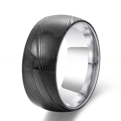 China 8mm Dome Black Damascus Steel Wedding Band Ring Inlaid Silver Tungsten Sleeve Comfort Fit Geometric Shape for sale