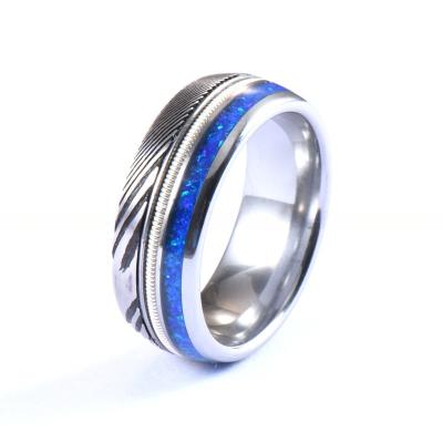 China 8mm Damascus Steel Wedding Band with Blue Opal and Silver Guitar String Inlay for Men's Hunting Jewelry for sale