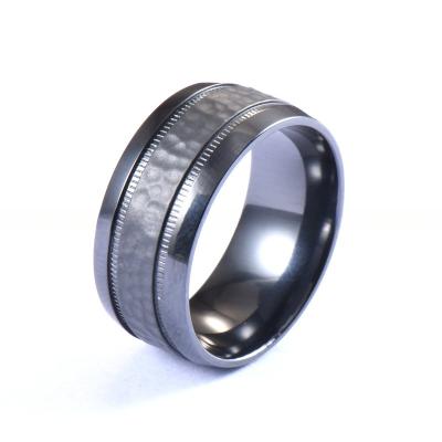 China 8mm Custom Dome Edge Hammered Two Gear Pattern Black Zirconium Ring Men Wedding Band for sale