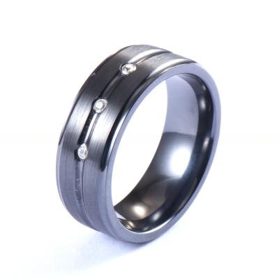 China 8mm Black Zirconium Ring Silver CZ Diamond Inlaid Single Groove Men Wedding Band for sale