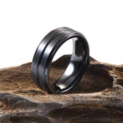 China 8mm Black Ceramic Wedding Band with Brushed Center and Grooved Step Edge Design for Men's Anniversary Rings for sale
