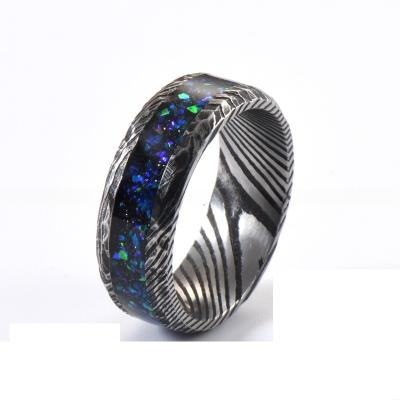 China 8mm Damascus Steel Wedding Band Ring with Galaxy Opal Inlay for Men - Religious Style Design for sale