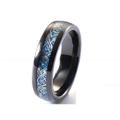 China 6mm Black Ceramic Wedding Band with Blue Carbon Fiber Dragon Inlay - Polished Dome Style Ring for Men & Women for sale