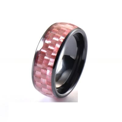 China 8mm Black Ceramic Wedding Band with Pink Carbon Fiber Inlay - Invisible Setting Technology - Hypoallergenic Design for sale