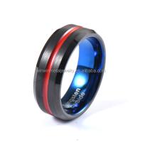 China Brushed Blue Tungsten Ring with Red Stripe Inlay Channel Setting Wedding Band 8mm for sale
