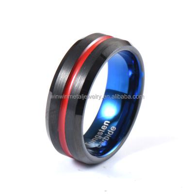 China Brushed Blue Tungsten Ring with Red Stripe Inlay Channel Setting Wedding Band 8mm for sale