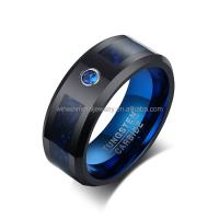 China Blue Carbon Fiber Tungsten Carbide Wedding Band Beveled Edges 8mm Unisex Ring for sale