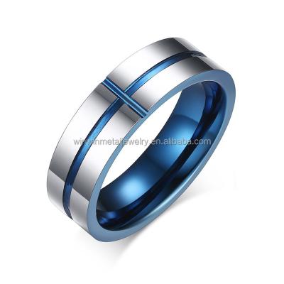 China Blue Tungsten Carbide 6mm Grooved Cross Wedding Band Ring Unisex Comfort Fit for sale