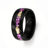 China 8mm Black Damascus Steel Ring with Amethyst and Gold Leaf Inlay Unisex Wedding Band for sale